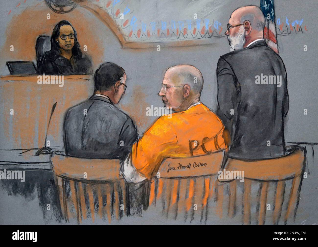 A courtroom sketch depicts James "Whitey" Bulger, center, during a ...