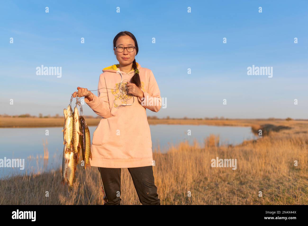 Yakut young joyful girl angler hard holding a lot of fish caught pike ...