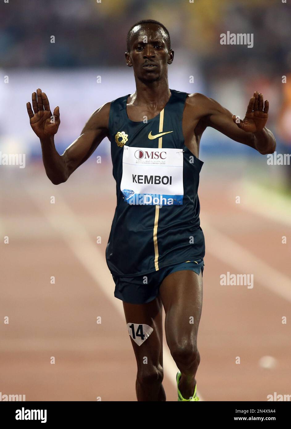 Ezekiel Kemboi of Kenya celebrates after winning the men's 3,000m at ...