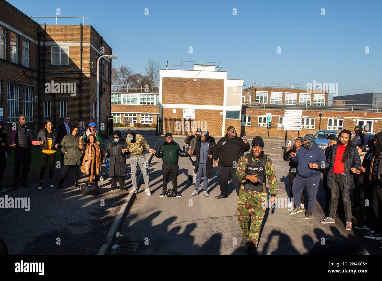 Surrey, UK. 08th Feb, 2023. People protest outside Thomas Knyvett ...