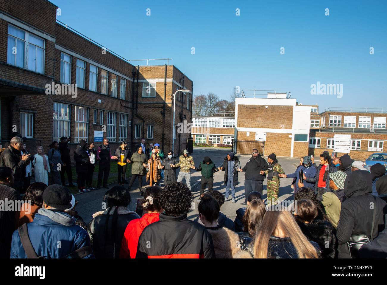 Surrey, UK. 08th Feb, 2023. People protest outside Thomas Knyvett ...