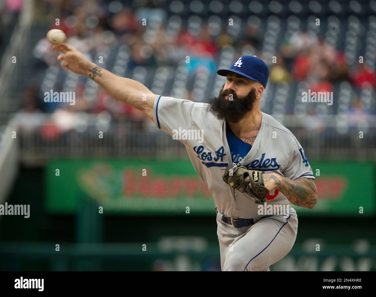 Los Angeles Dodgers pitcher Brian Wilson throws against the Washington ...