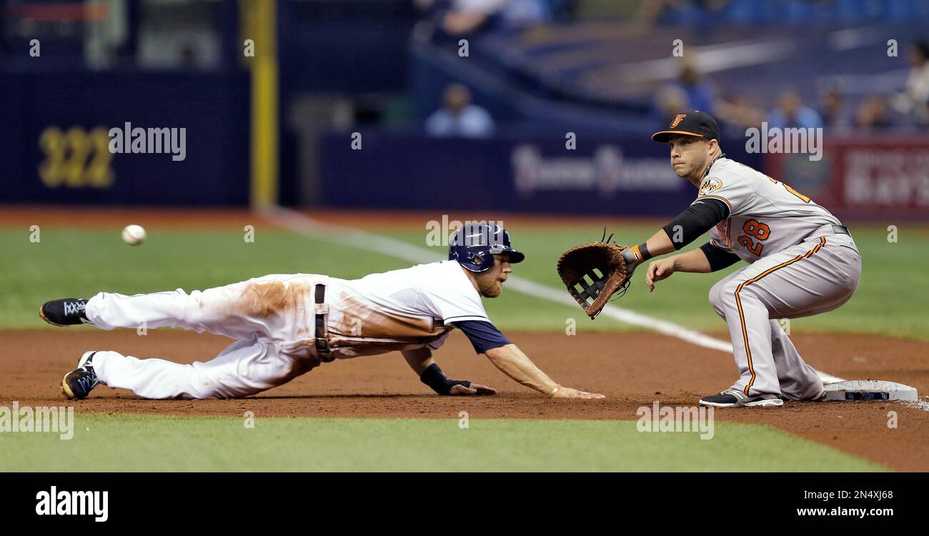 Tampa Bay Rays' Ben Zobrist dives back to first base ahead of the throw ...