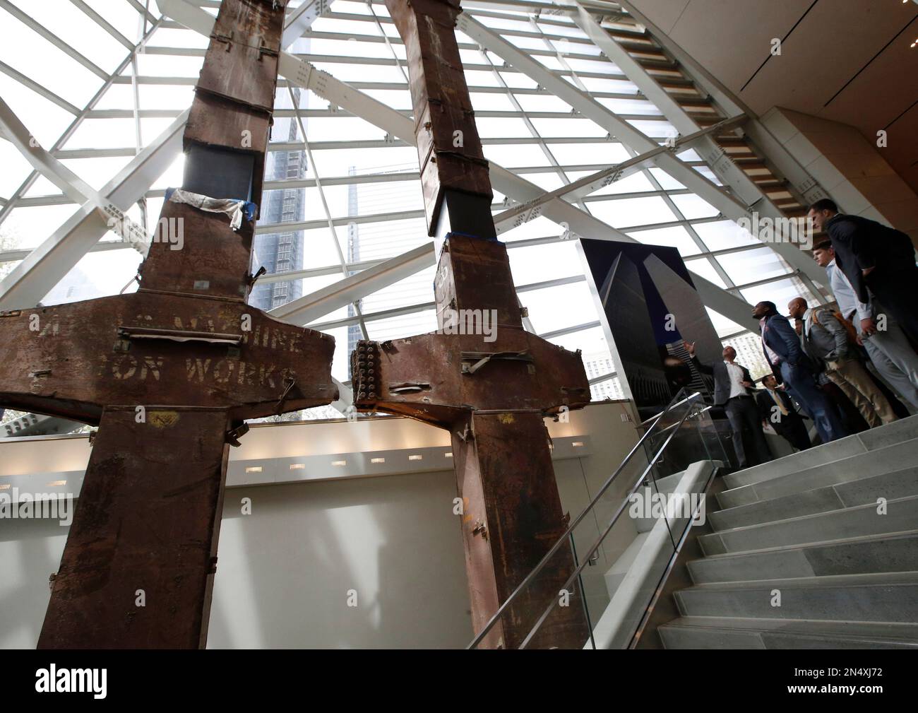 Twin steel beams from the site of the World Trade Center attacks stand ...