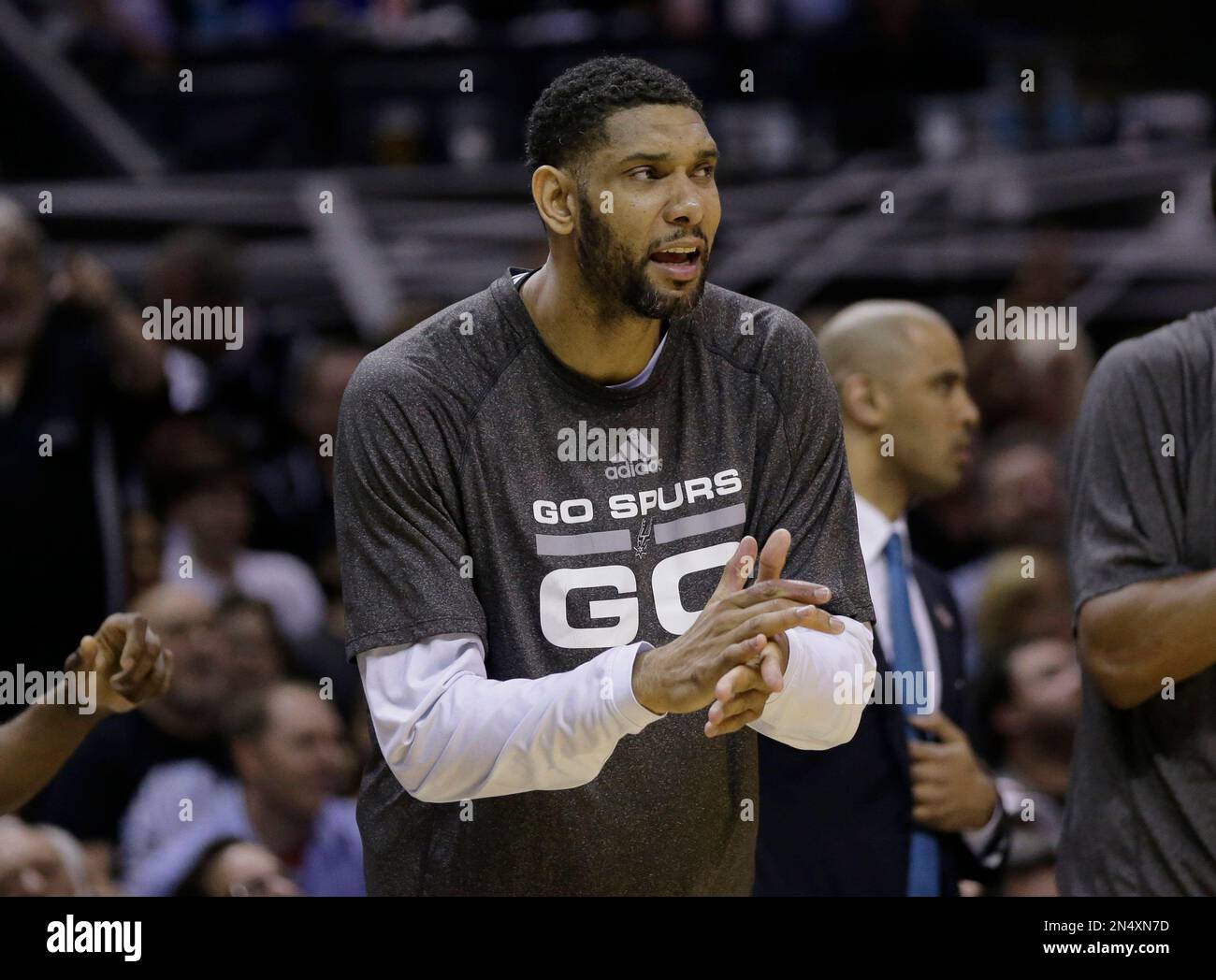 San Antonio Spurs' Tim Duncan cheers of teammates during the first half ...