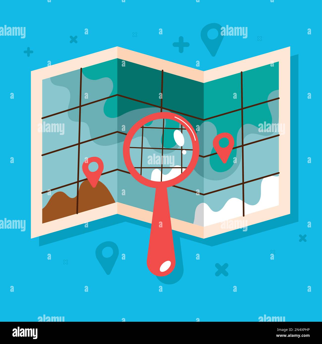 pins locations in map with magnifying glass icons Stock Vector Image ...