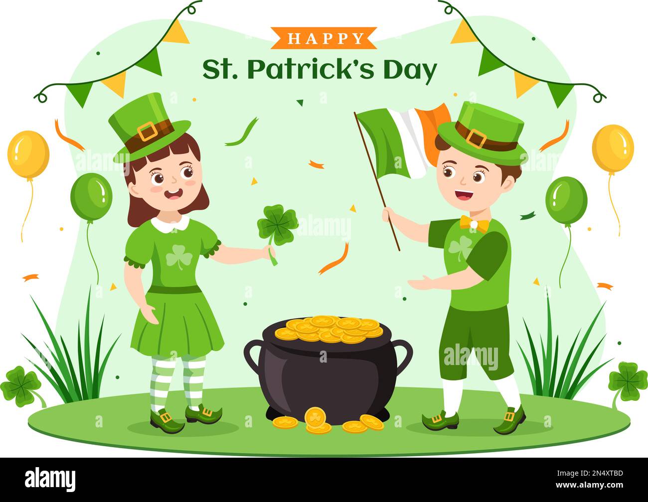 Happy St Patricks Day Illustration with Kids, Golden Coins, Green Hat ...