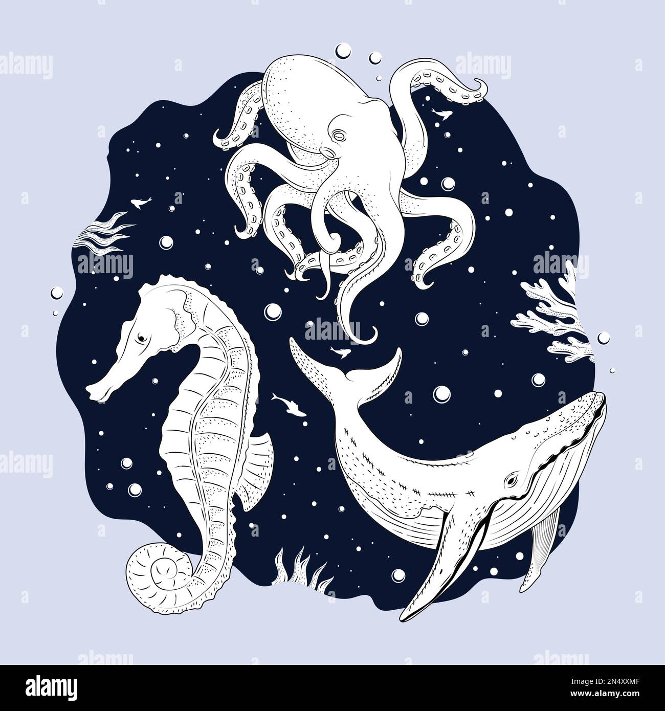 octopus with seahorse and whale surreal Stock Vector Image & Art - Alamy