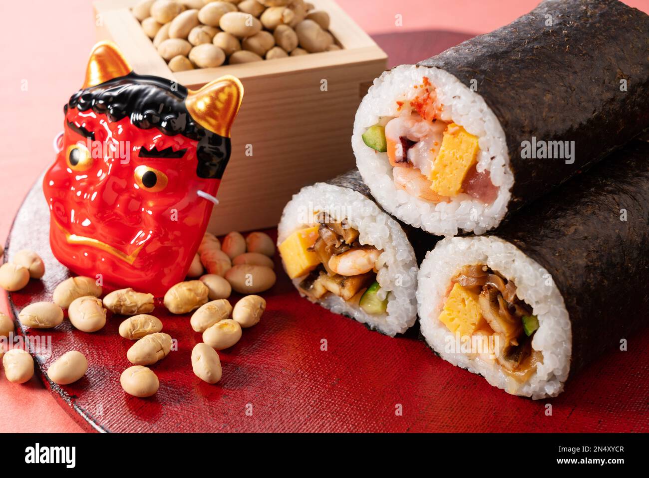 Eho-maki rolls, beans for mame-maki (bean-throwing), and demon masks on ...