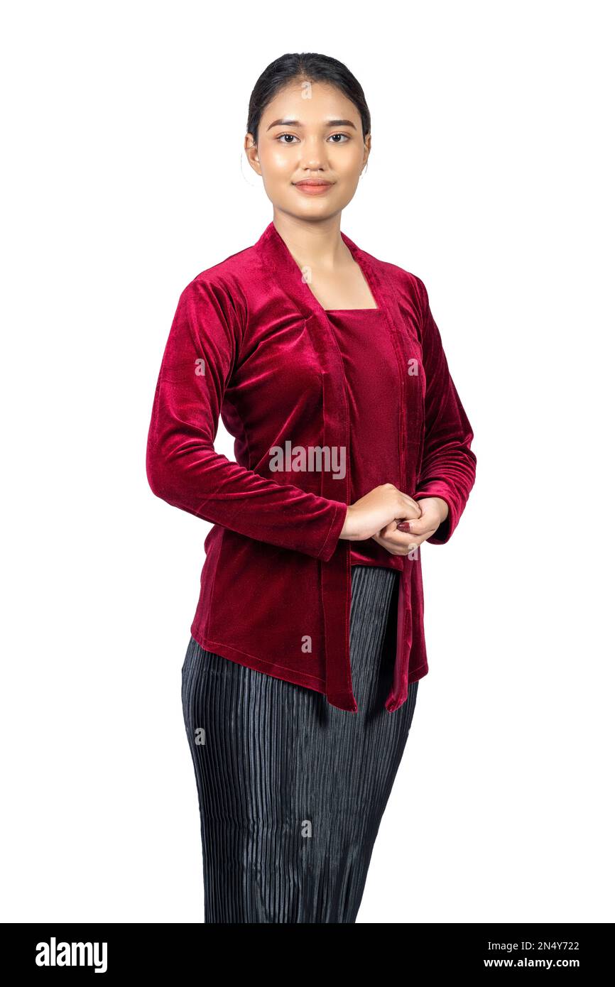 Asian girl wearing red kebaya traditional clothes standing isolated ...