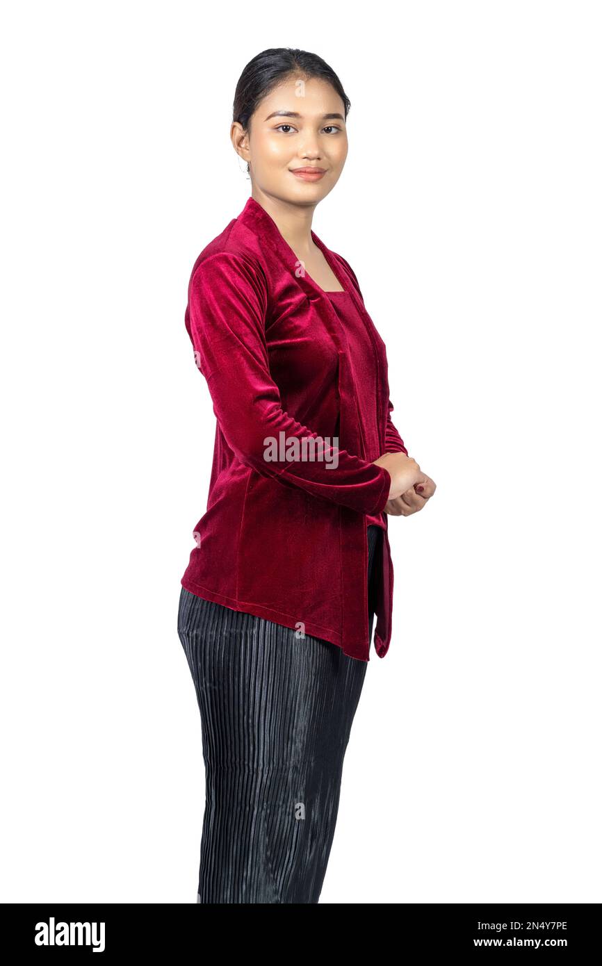 Asian girl wearing red kebaya traditional clothes standing isolated ...