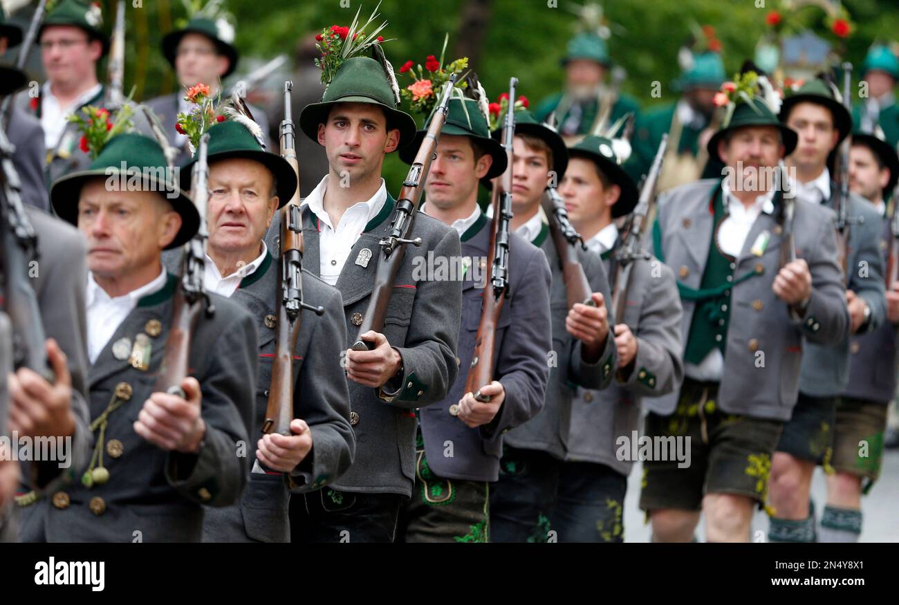 Bavarian Mountain infantrymen dressed in traditional uniforms take part ...
