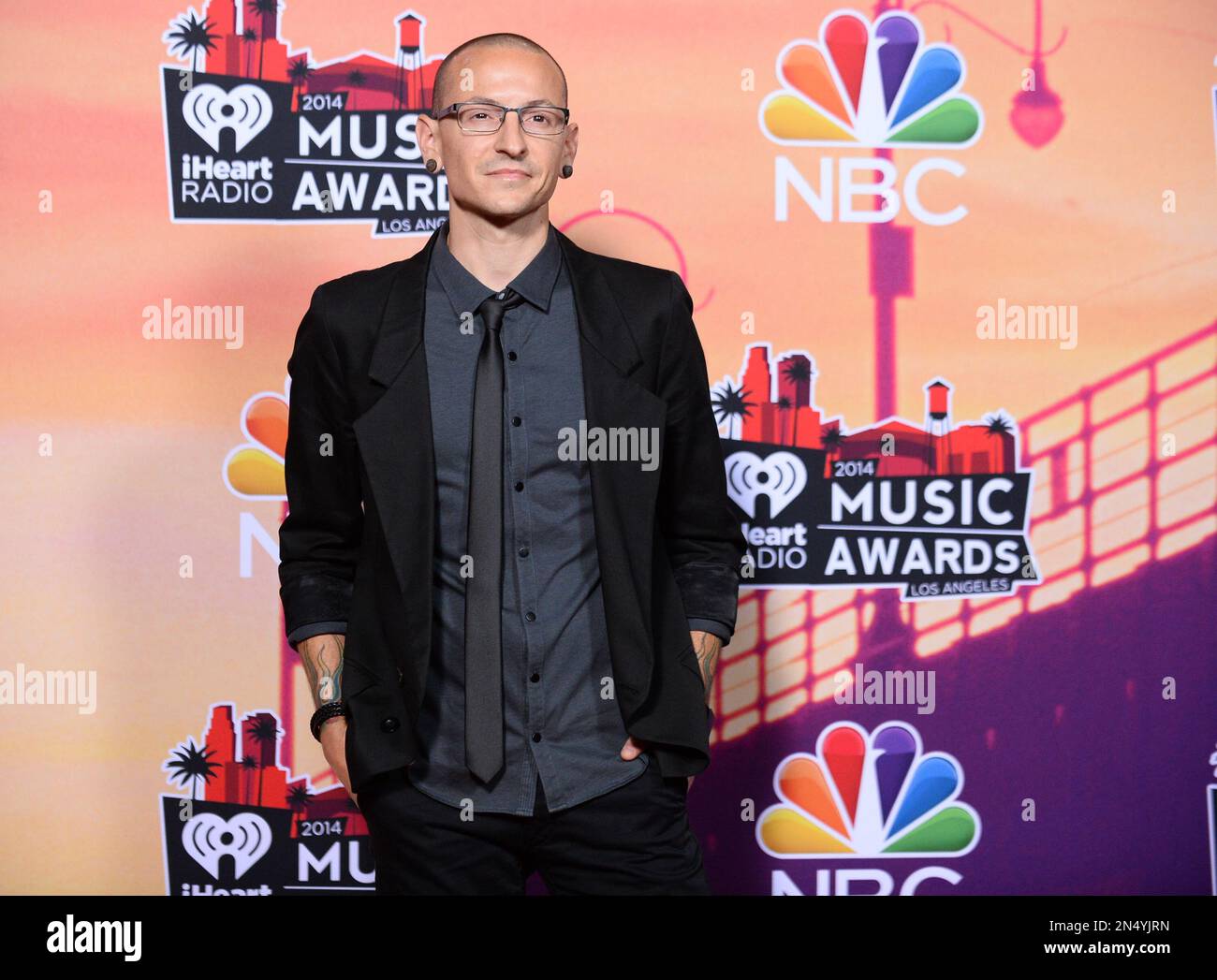 Chester Bennington poses in the press room at the iHeartRadio Music ...