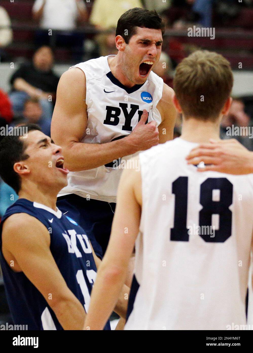 BYU's Josue Rivera, center, celebrates with Jaylen Reyes, left, and ...