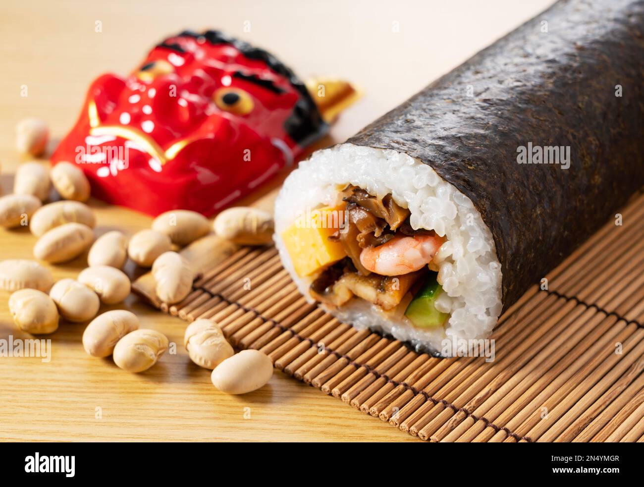 Eho-maki rolls, beans for mame-maki (bean-throwing), and demon masks on ...
