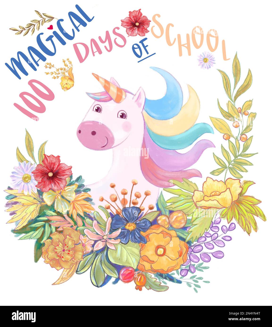 100 magical days of school Unicorn with flowers, T-Shirt Design Stock ...