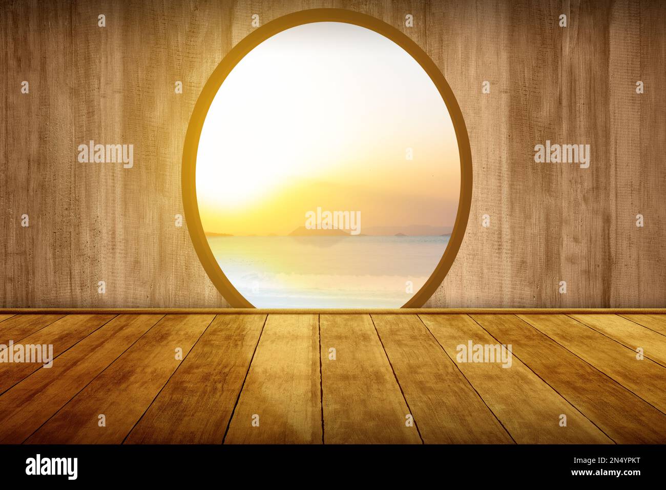 Wooden floor with the landscape of a lake with sunset sky background ...