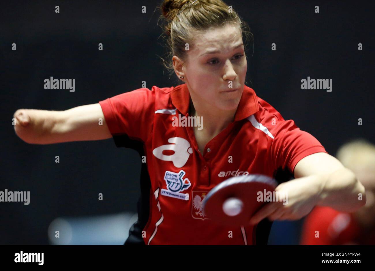 Natalia Partyka of Poland returns a shot to Bernadette Szocs of Romania ...