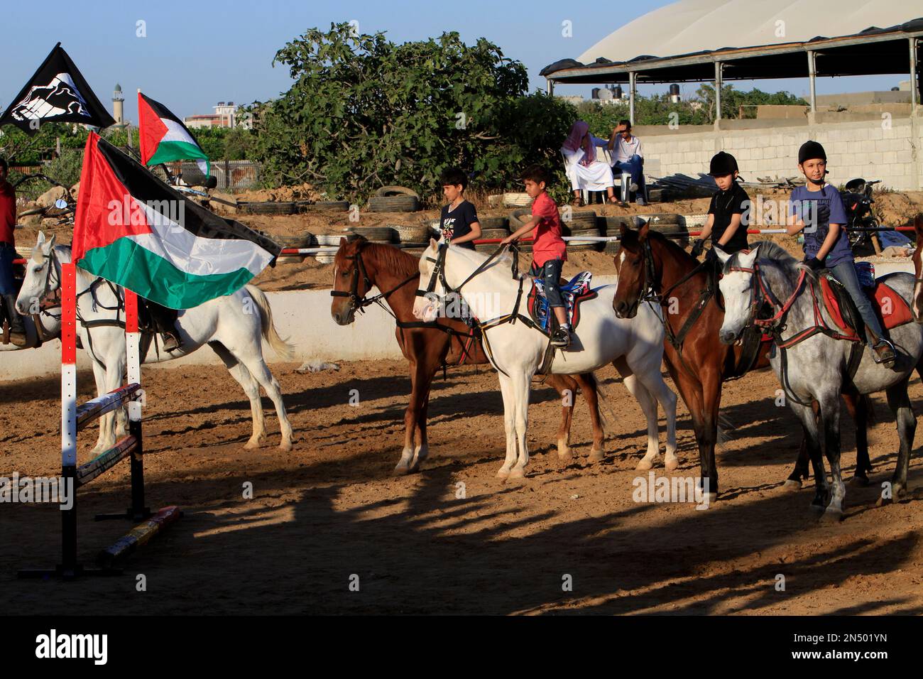 Palestinian youths ride horses in front of their National flags before ...