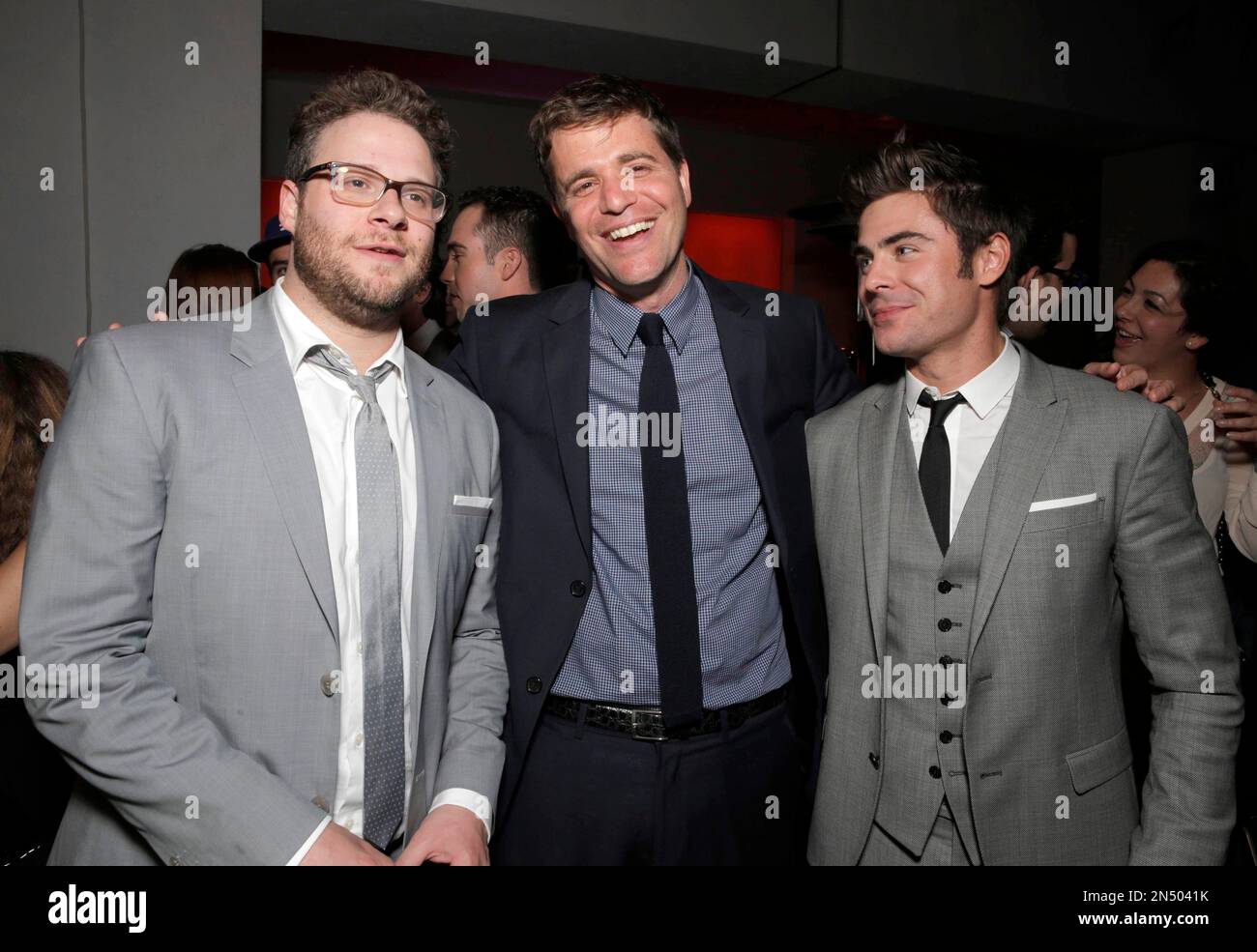 Seth Rogen and from left, Nicholas Stoller and Zac Efron attend the ...
