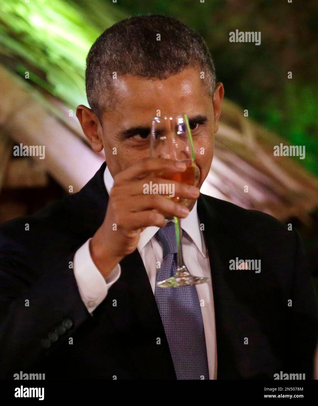 U.S. President Barack Obama raises a glass for a toast during a state ...