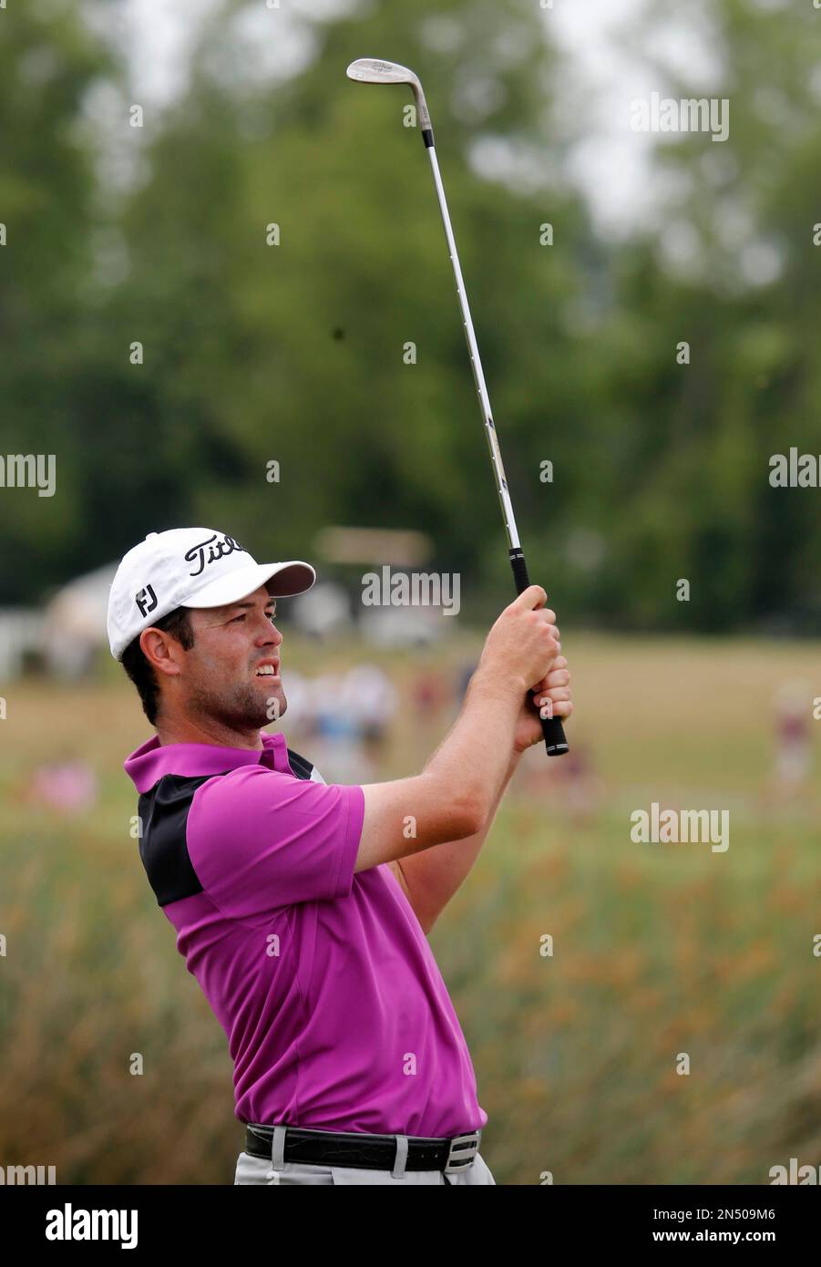 Robert Streb hits off the fairway after hitting into the water on the ...