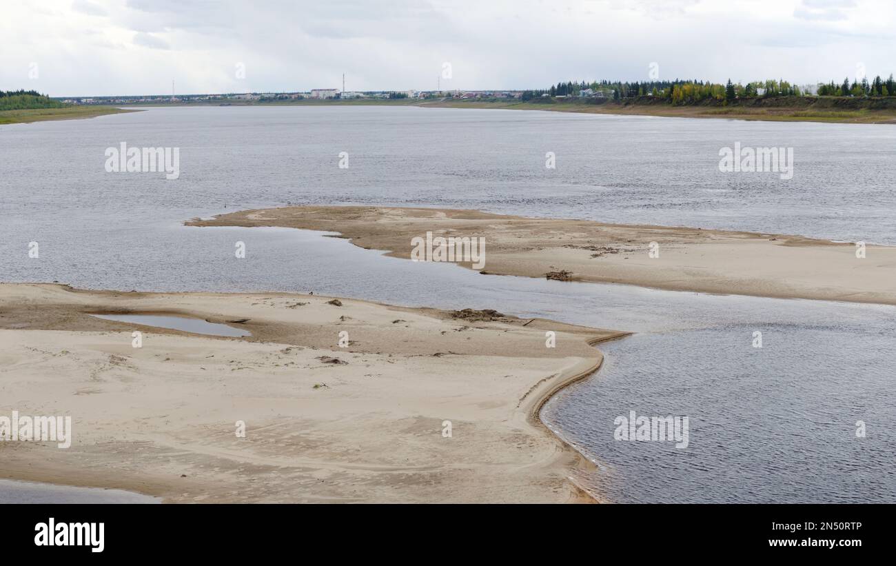 Sandy Bank of the vilyu river in the wild North of Yakutia with the ...