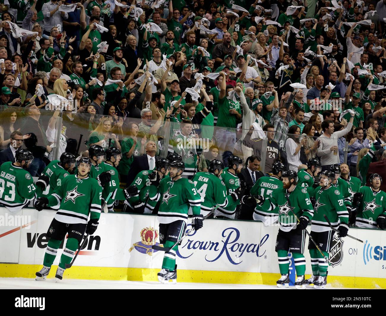 Dallas Stars fans wave rally towels as the Stars bench celebrates a ...