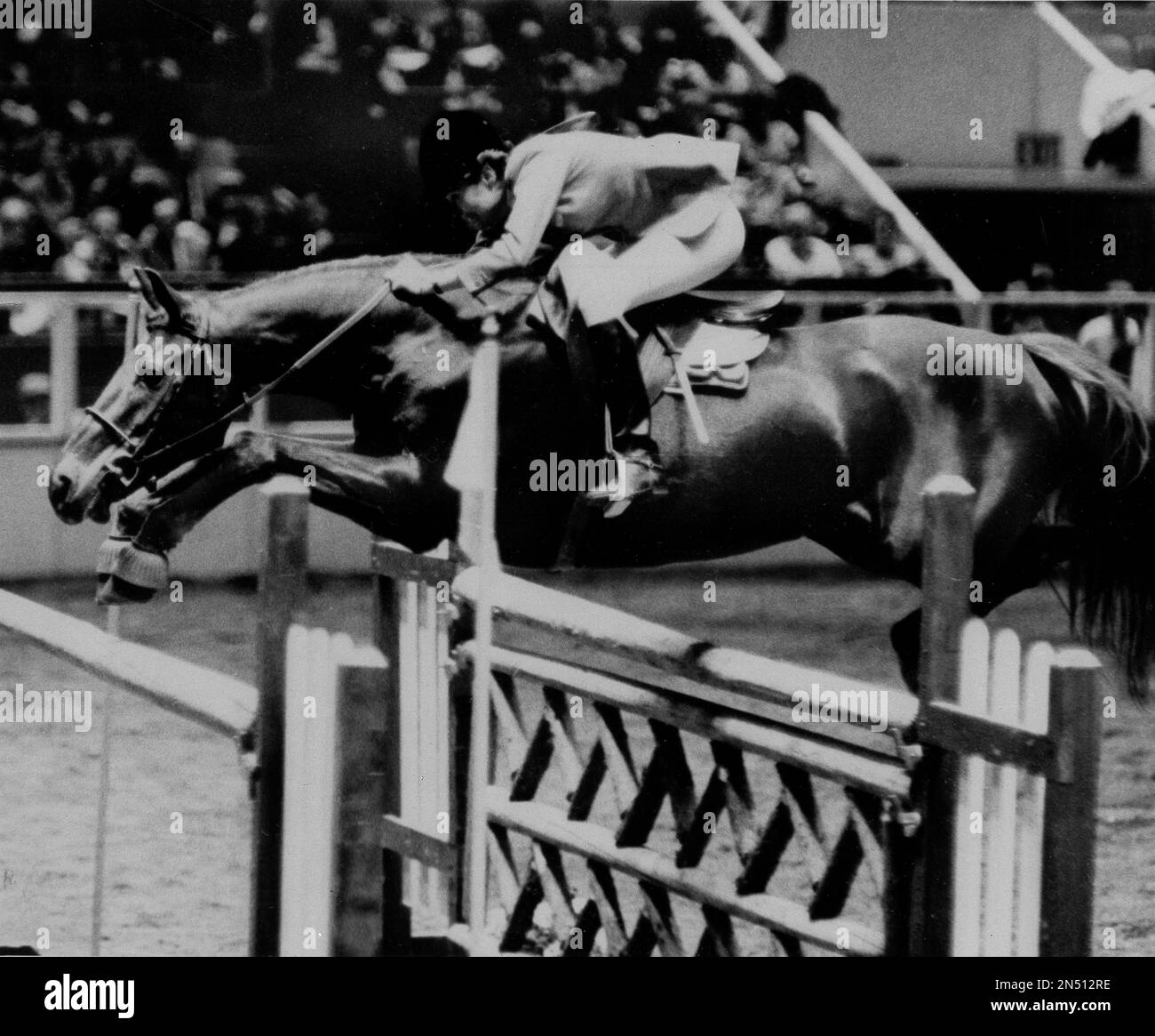 Kathy Kusner and her mare, "Fru", go into a jump during international ...