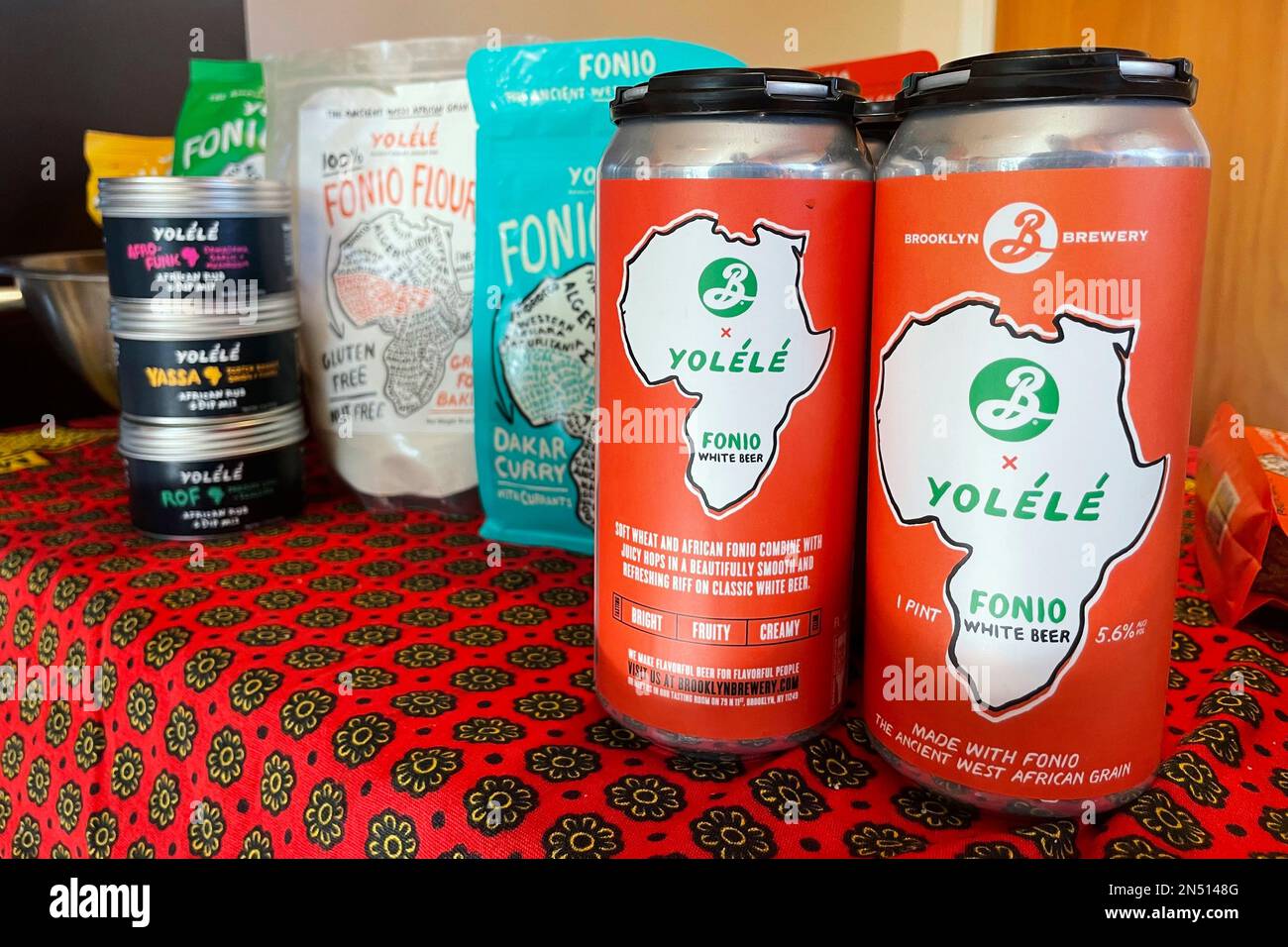 Products made from fonio, a variety of millet, are displayed on a table ...