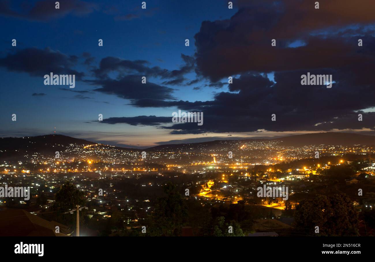 A view over the city at night in the capital Kigali, Rwanda Thursday ...