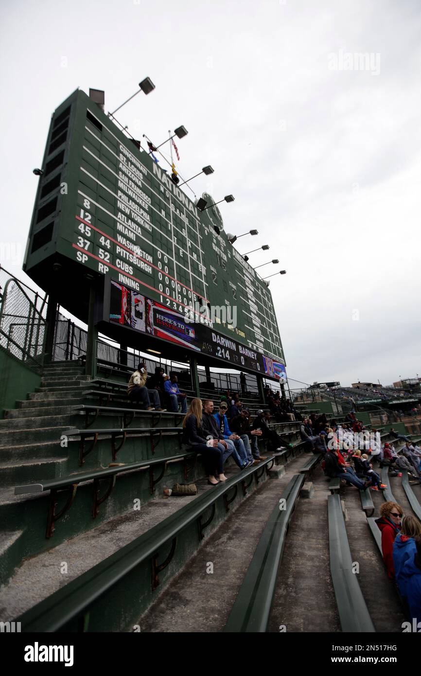 In this April 10, 2014 photo, Wrigley Field’s iconic scoreboard is seen ...