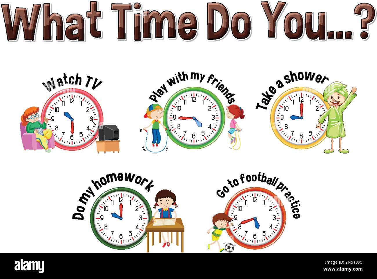 Daily routine with time and cartoon characters illustration Stock ...