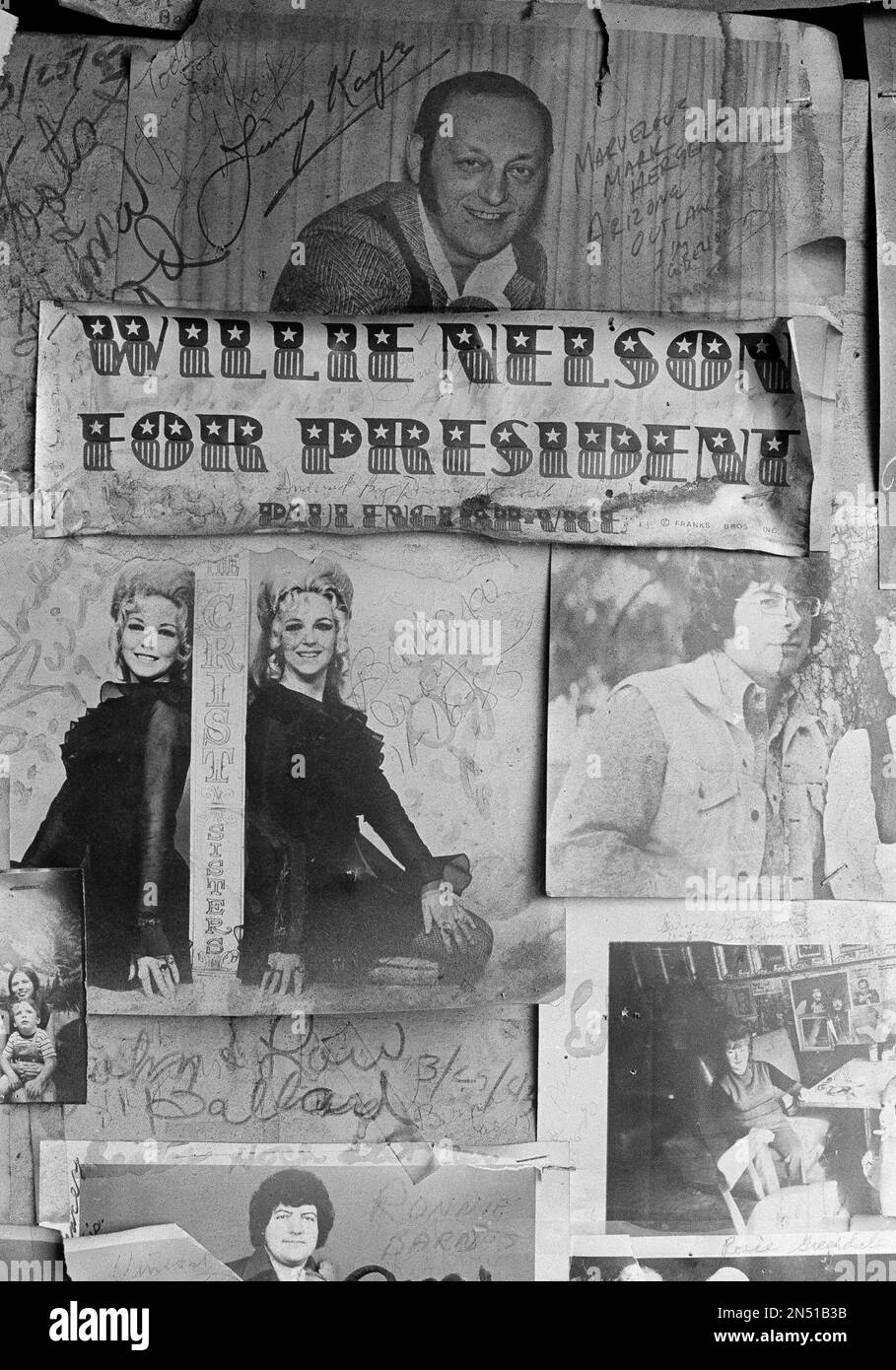 A "Willie Nelson for President" bumper sticker, photos of performers ...