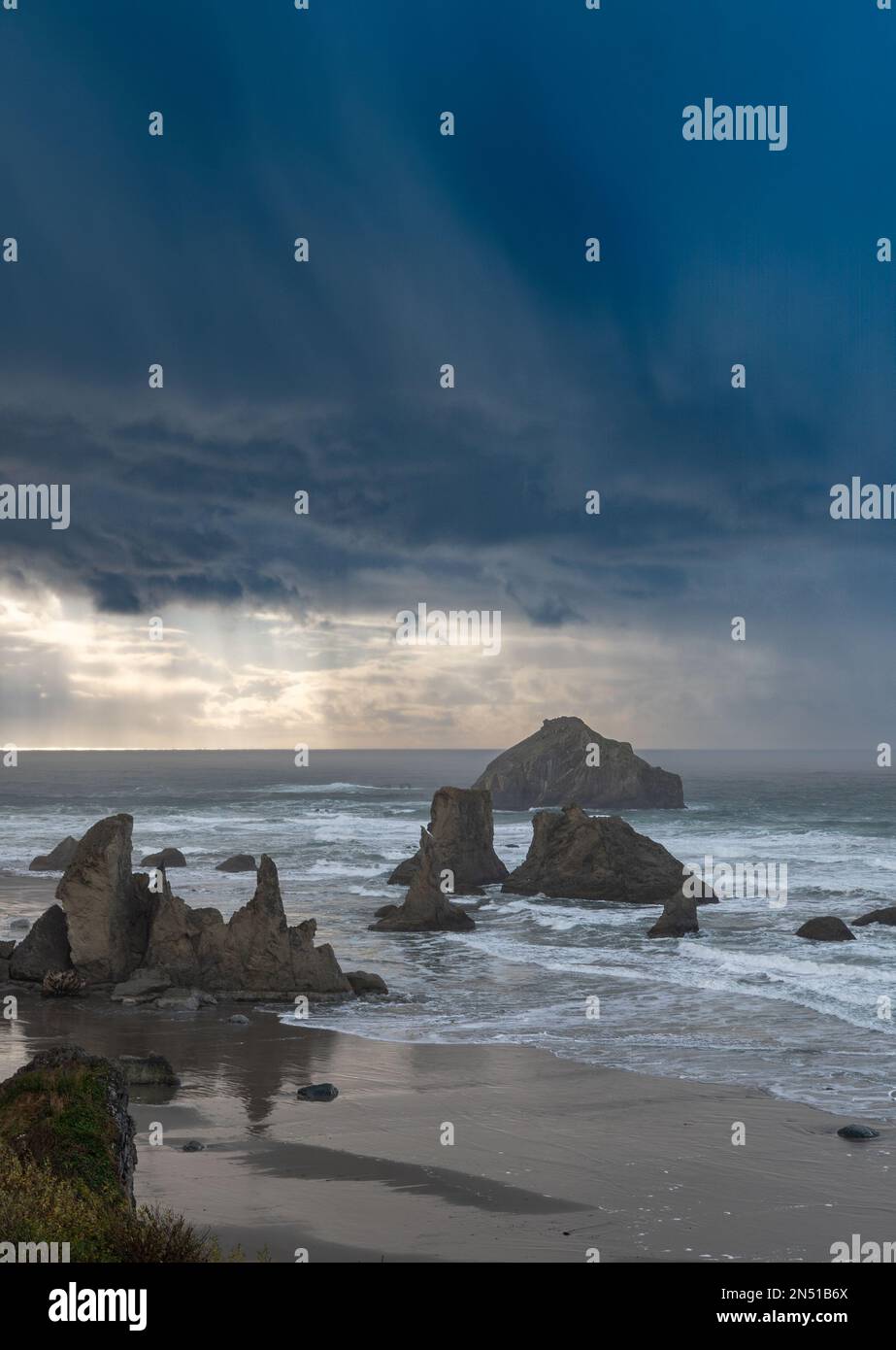Winter storm and rain over sea stacks at the Oregon Coast Stock Photo ...