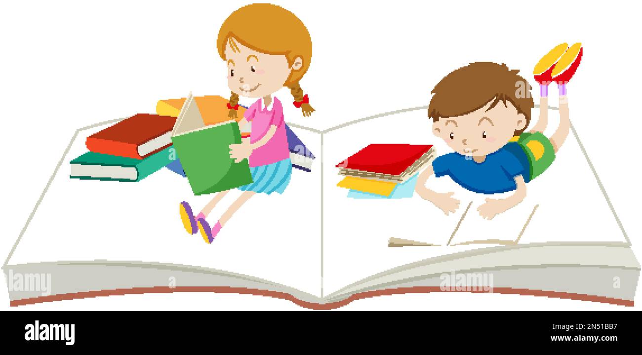 Two kids cartoon character reading books illustration Stock Vector ...