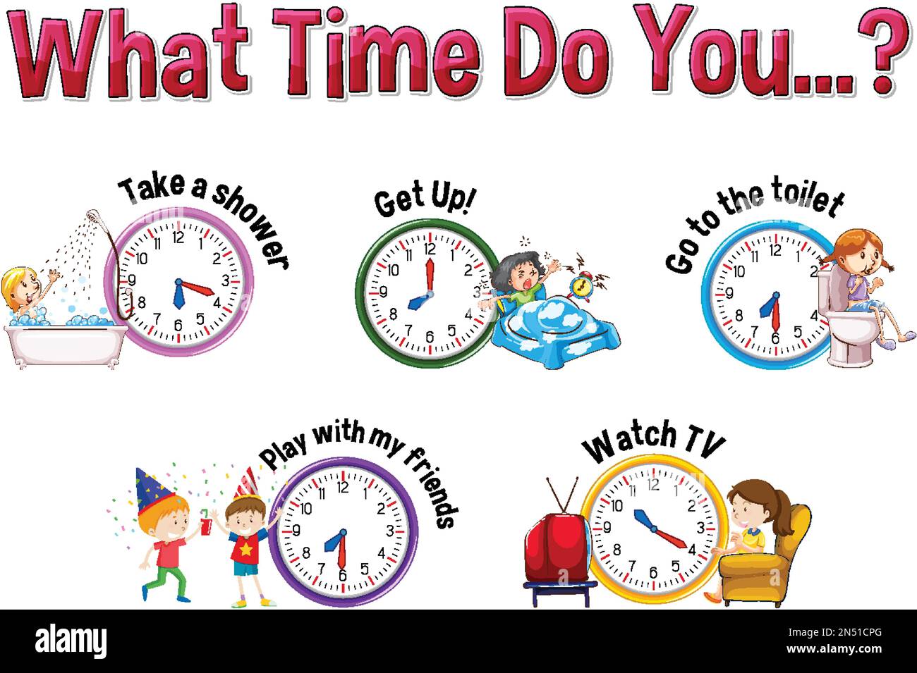 Daily routine with time and cartoon characters illustration Stock ...