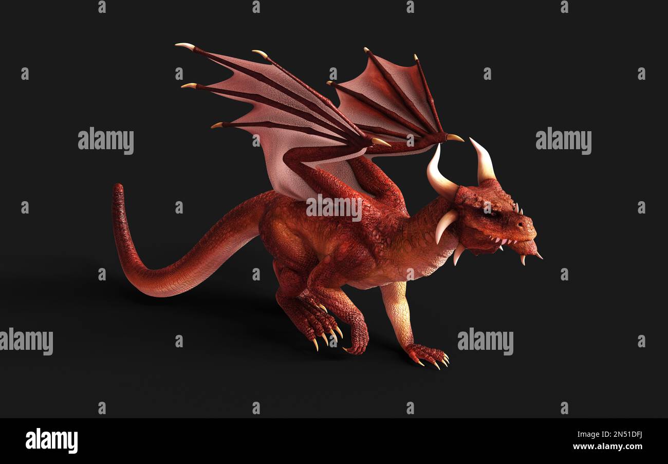 3d illustration of a red fantasy dragon posing isolated on black background with clipping path ...