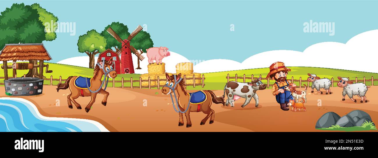 Cartoon farm horizontal scene illustration Stock Vector Image & Art - Alamy