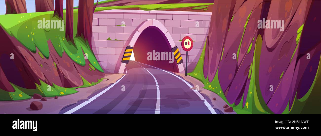 Cartoon road going through tunnel in mountain with warning sign. Vector ...
