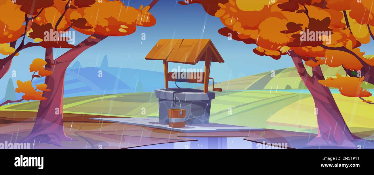 Autumn landscape with water well, trees and fields in rain. Rustic ...