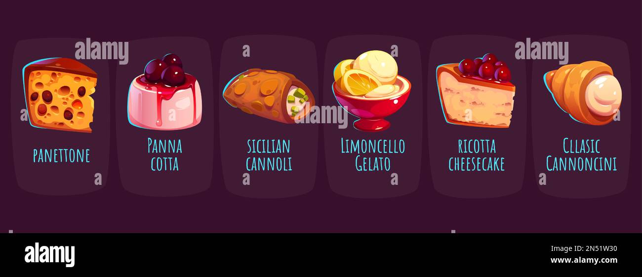 Italian desserts and cakes, cannoli, panna cotta and ice cream. Sweet ...