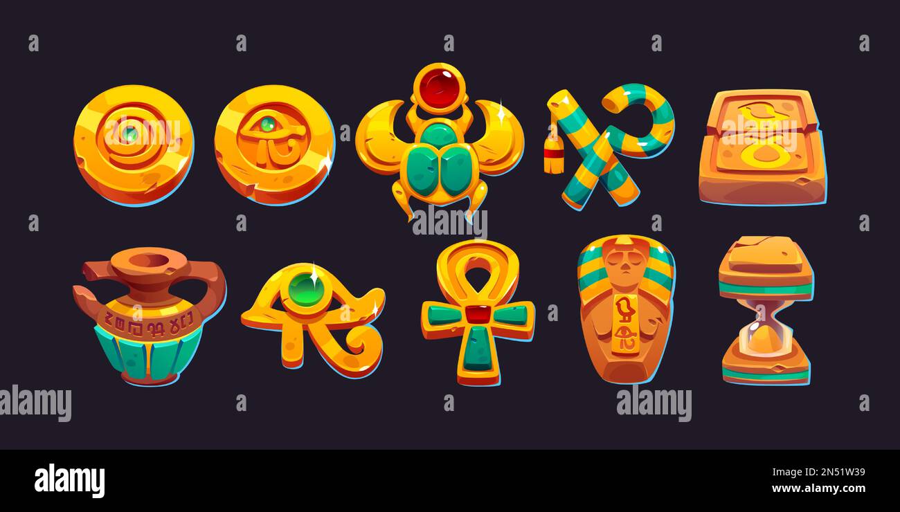 Game icons of ancient Egyptian gold coins, pharaoh tomb, vase, amulets ...
