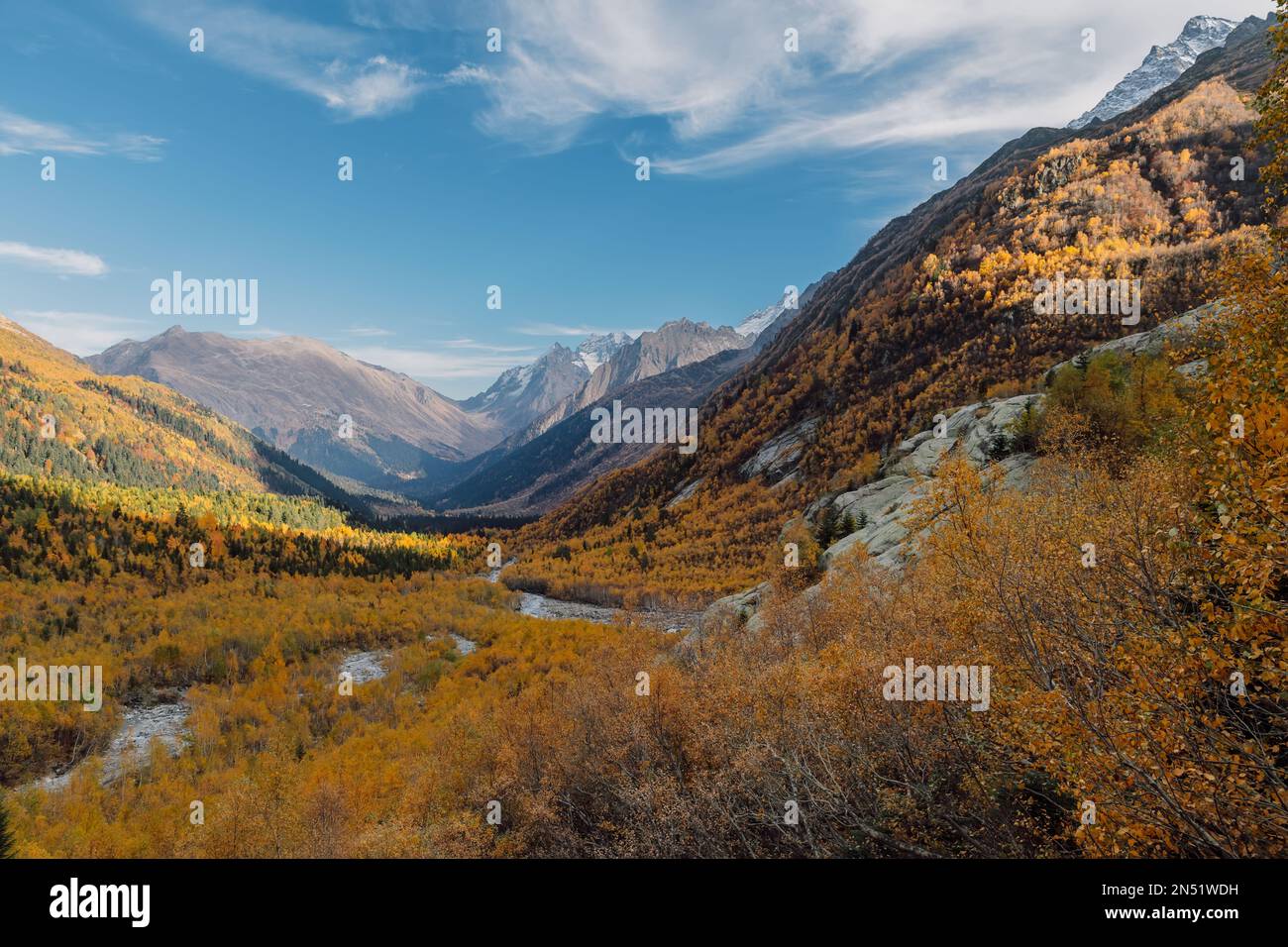 Valley with mountains and fall autumnal forest. Mountain landscape with ...