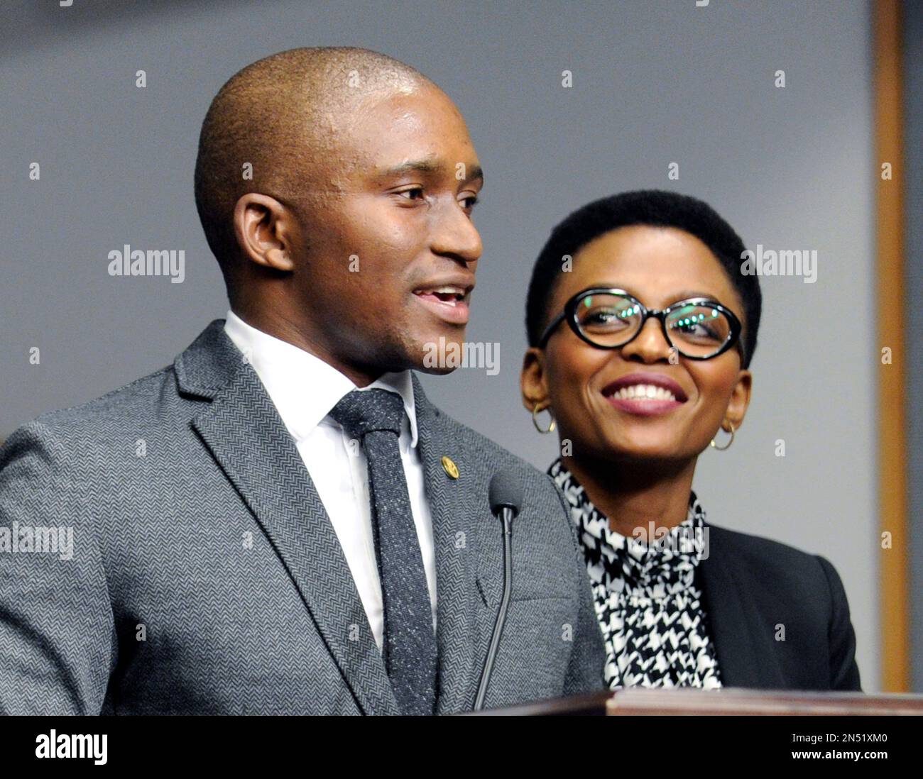 Zondwa Mandela, grandson of Nelson Mandela, left, speaks to the media ...
