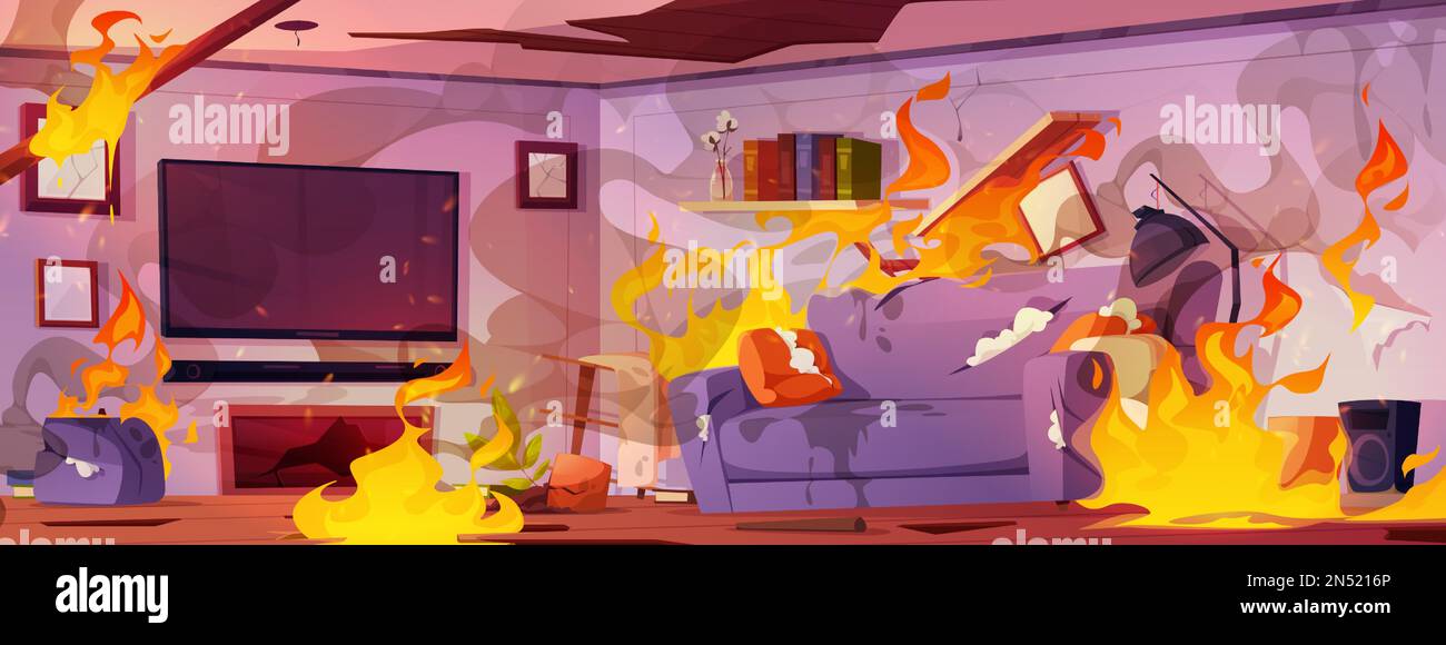 Fire in home, living room with burning broken furniture and wooden ...