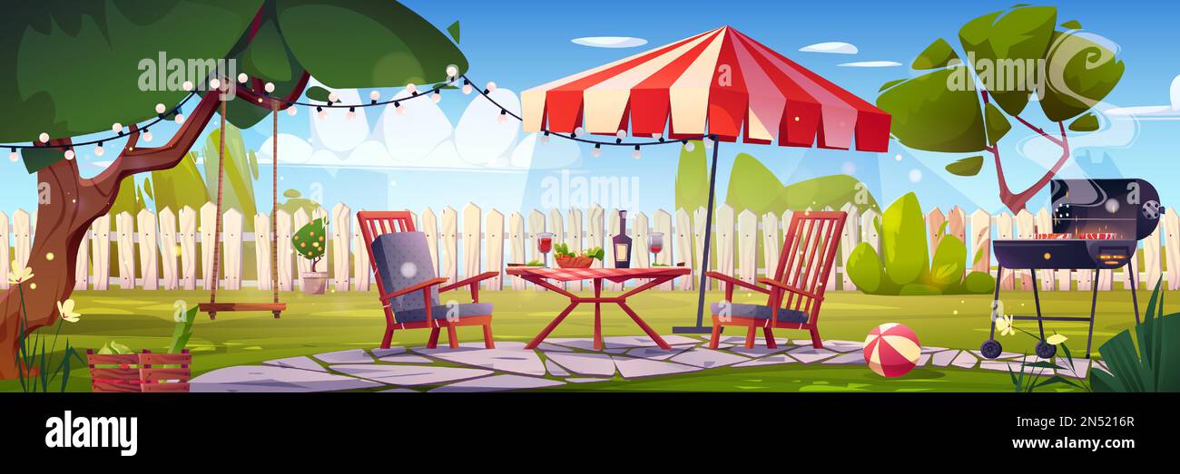 BBQ party on backyard. House patio with fence, furniture for picnic ...