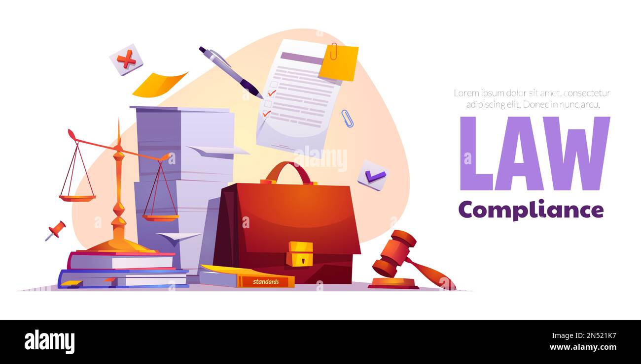 Law compliance, company policies and rules. Legal regulatory guidelines banner with paper ...