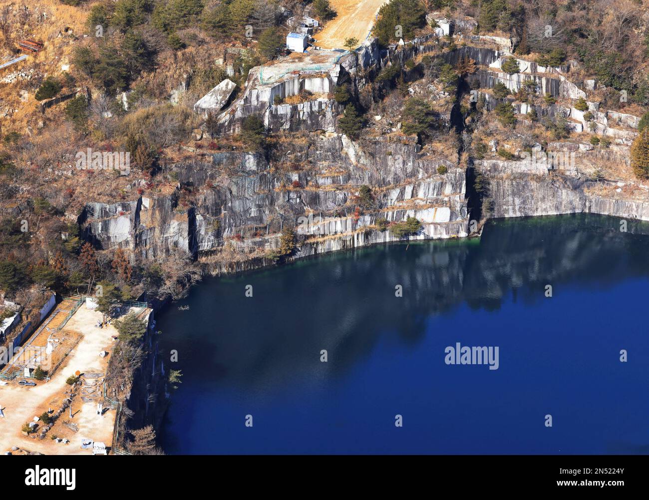 An aerial photo shows the one of the largest quarries in Japan ...