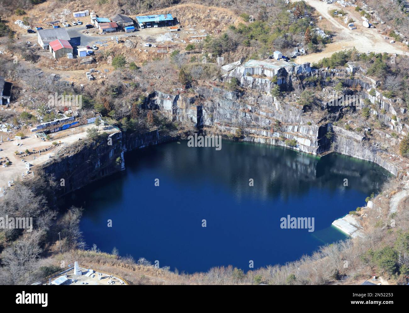 An aerial photo shows the one of the largest quarries in Japan ...